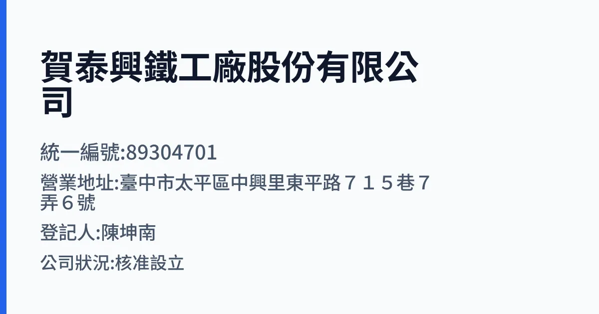 賀泰興鐵工廠股份有限公司 - 統編 89304701（臺中市） 公司登記資料與營業項目詳細圖表