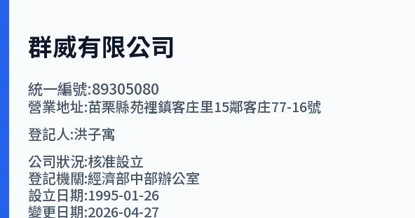 群威有限公司的照片-統編 89305080(苗栗縣) 公司登記資料與營業項目詳細圖表