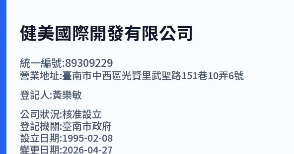 健美國際開發有限公司的照片-統編 89309229(臺南市) 公司登記資料與營業項目詳細圖表