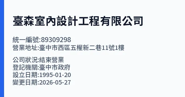 臺森室內設計工程有限公司的照片-統編 89309298(臺中市) 公司登記資料與營業項目詳細圖表