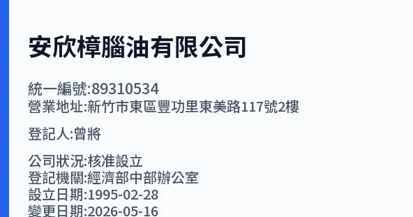 安欣樟腦油有限公司的照片-統編 89310534(新竹市) 公司登記資料與營業項目詳細圖表