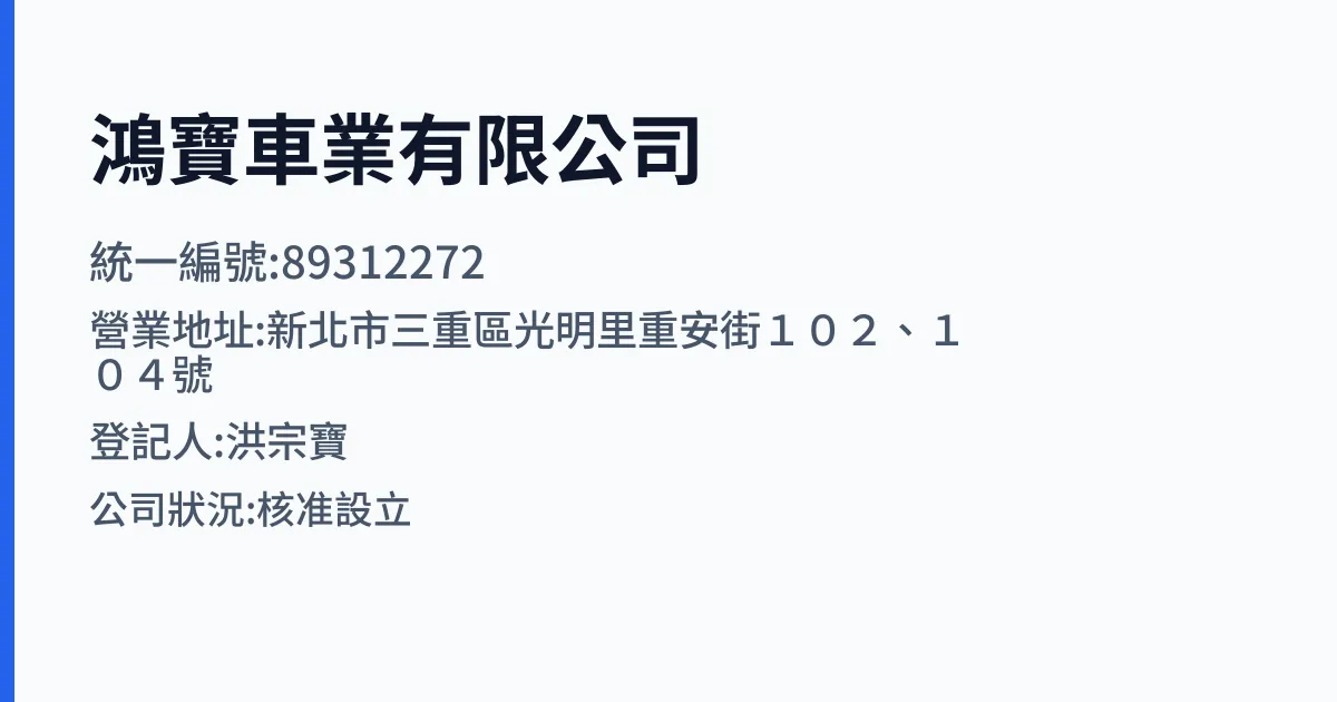 鴻寶車業有限公司 - 統編 89312272(新北市) 公司登記資料與營業項目詳細圖表
