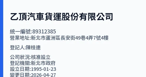 乙頂汽車貨運股份有限公司的照片-統編 89312385(新北市) 公司登記資料與營業項目詳細圖表