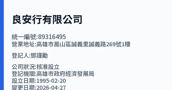 良安行有限公司的照片-統編 89316495(高雄市) 公司登記資料與營業項目詳細圖表