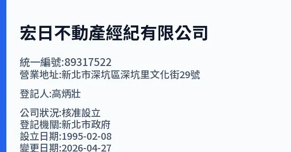 宏日不動產經紀有限公司的照片-統編 89317522(新北市) 公司登記資料與營業項目詳細圖表