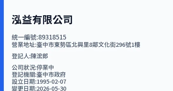 泓益有限公司的照片-統編 89318515(臺中市) 公司登記資料與營業項目詳細圖表