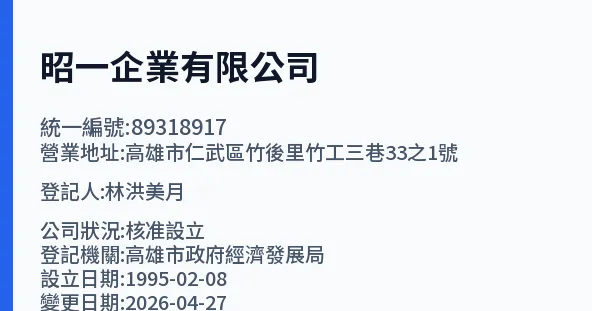 昭一企業有限公司的照片-統編 89318917(高雄市) 公司登記資料與營業項目詳細圖表