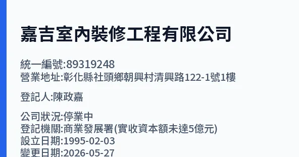 嘉吉室內裝修工程有限公司的照片-統編 89319248(彰化縣) 公司登記資料與營業項目詳細圖表