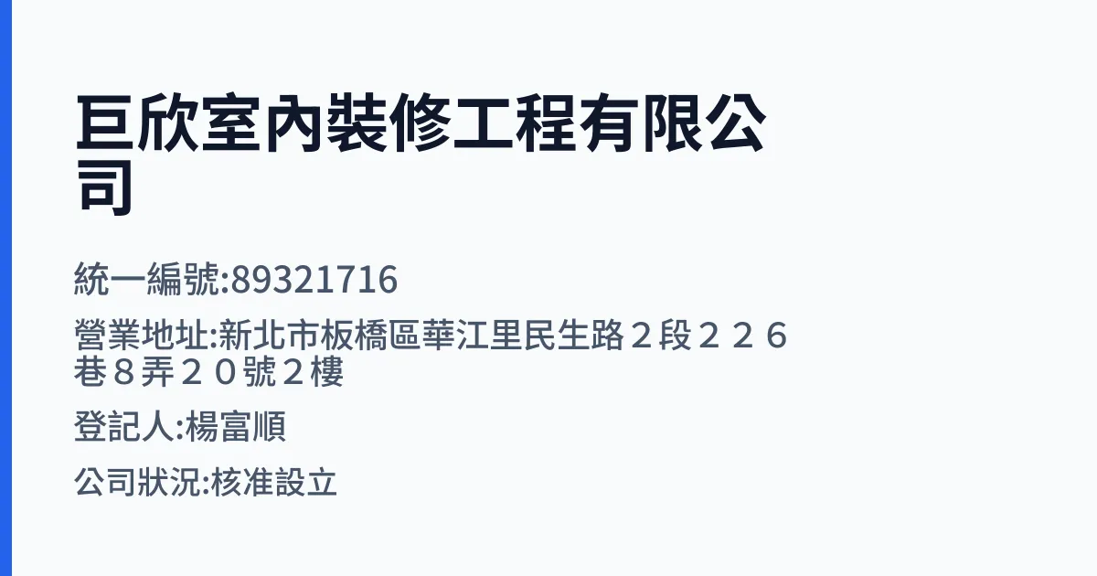巨欣室內裝修工程有限公司 - 統編 89321716(新北市) 公司登記資料與營業項目詳細圖表