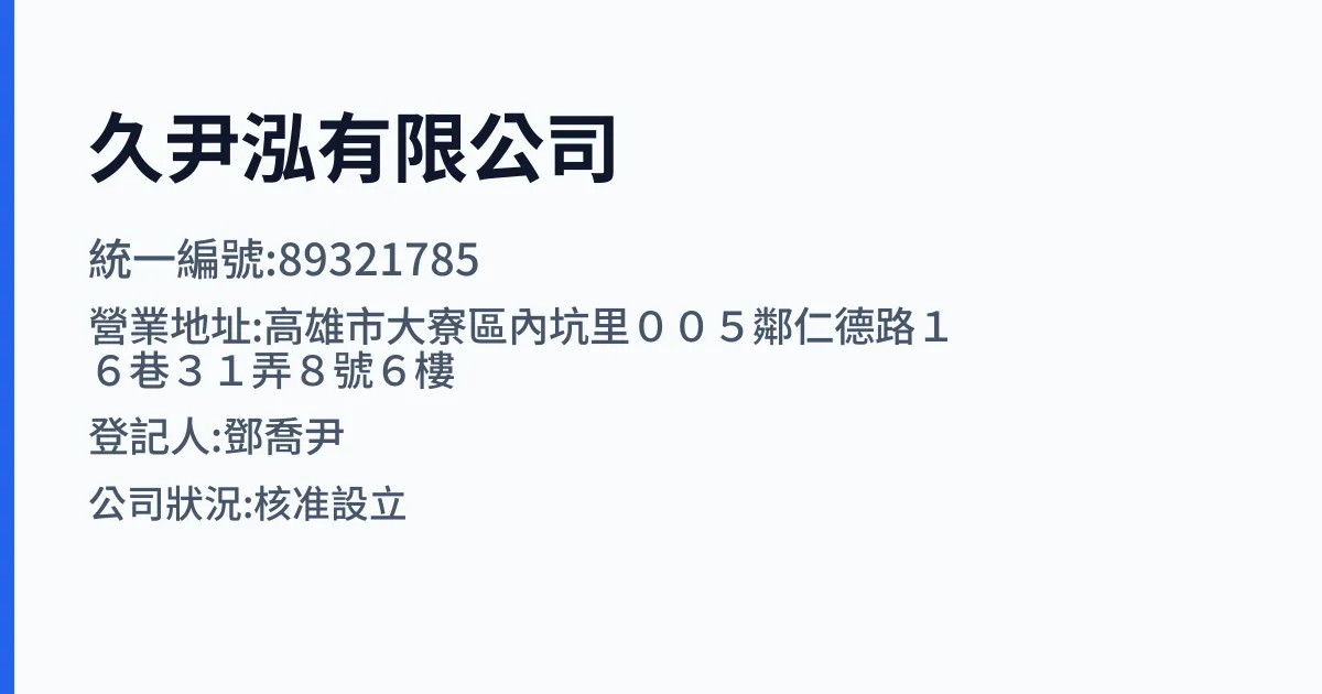 久尹泓有限公司 - 統編 89321785(高雄市) 公司登記資料與營業項目詳細圖表