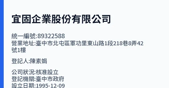 宜固企業股份有限公司的照片-統編 89322588(臺中市) 公司登記資料與營業項目詳細圖表