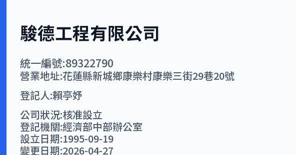 駿德工程有限公司的照片-統編 89322790(花蓮縣) 公司登記資料與營業項目詳細圖表