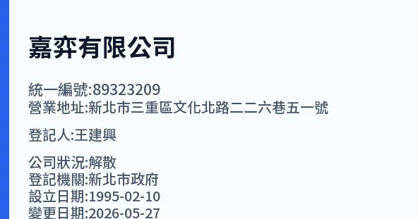 嘉弈有限公司的照片-統編 89323209(新北市) 公司登記資料與營業項目詳細圖表