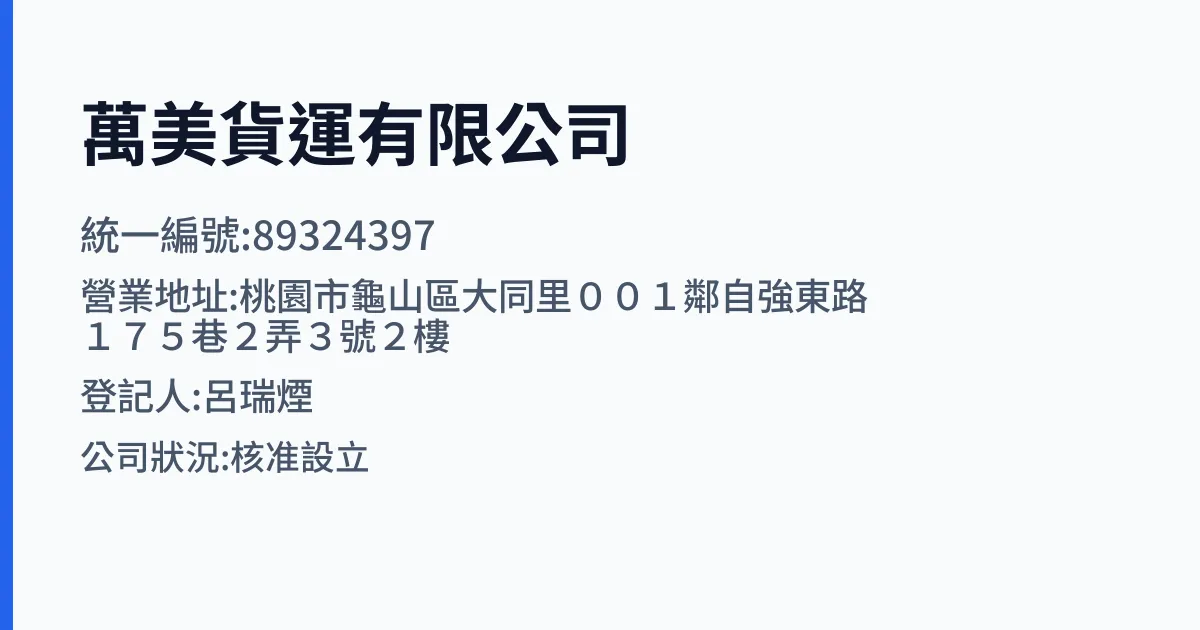 萬美貨運有限公司 - 統編 89324397(新北市) 公司登記資料與營業項目詳細圖表