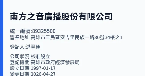南方之音廣播股份有限公司的照片-統編 89325500(高雄市) 公司登記資料與營業項目詳細圖表