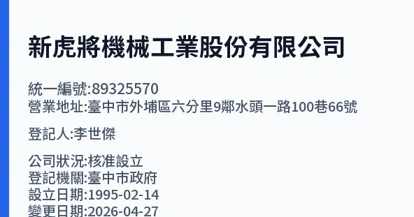 新虎將機械工業股份有限公司的照片-統編 89325570(臺中市) 公司登記資料與營業項目詳細圖表