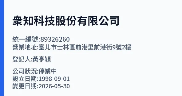 衆知科技股份有限公司的照片-統編 89326260(臺北市) 公司登記資料與營業項目詳細圖表