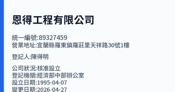恩得工程有限公司的照片-統編 89327459(宜蘭縣) 公司登記資料與營業項目詳細圖表