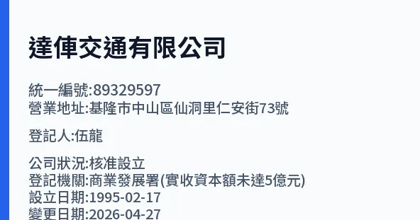 達俥交通有限公司的照片-統編 89329597(基隆市) 公司登記資料與營業項目詳細圖表