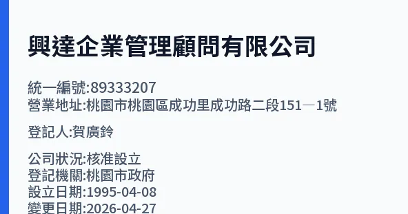興達企業管理顧問有限公司的照片-統編 89333207(桃園市) 公司登記資料與營業項目詳細圖表