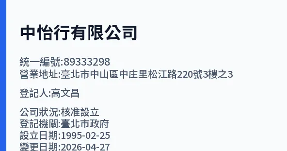 中怡行有限公司的照片-統編 89333298(臺北市) 公司登記資料與營業項目詳細圖表