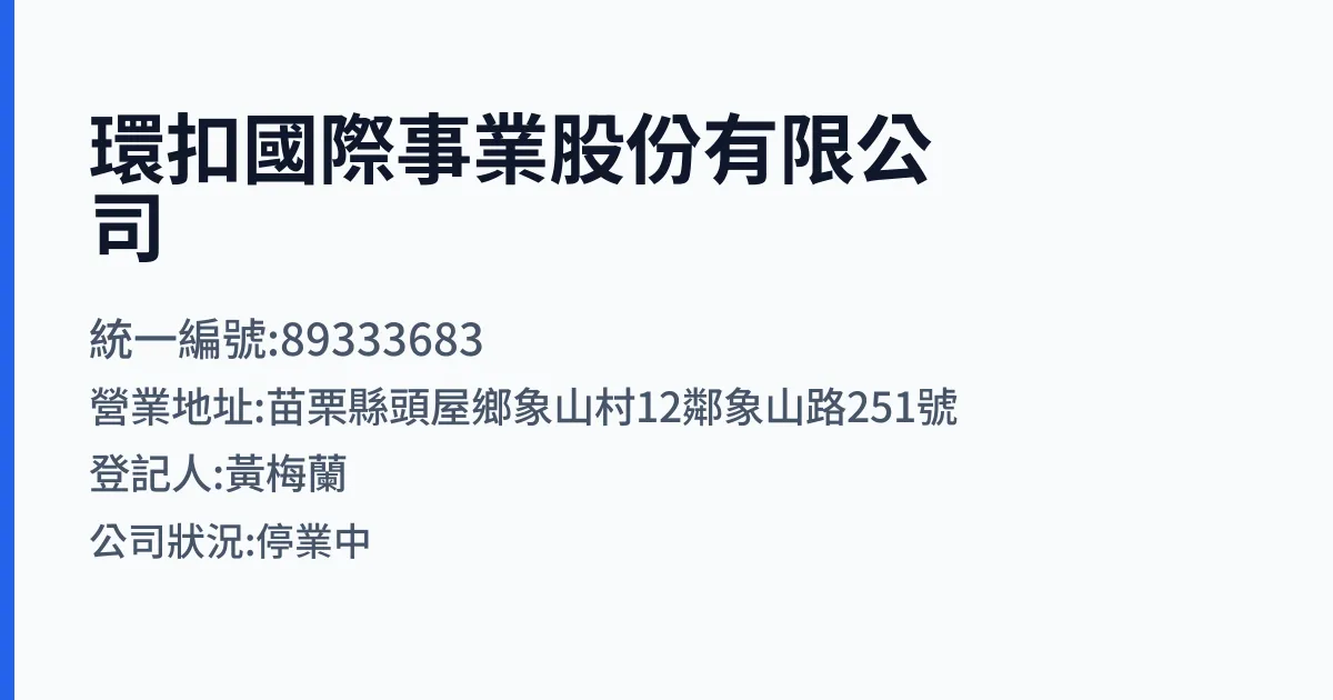 環扣國際事業股份有限公司 - 統編 89333683(苗栗縣) 公司登記資料與營業項目詳細圖表