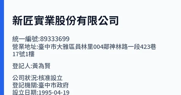 新匠實業股份有限公司的照片-統編 89333699(臺中市) 公司登記資料與營業項目詳細圖表