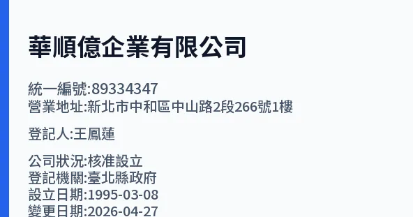 華順億企業有限公司的照片-統編 89334347(新北市) 公司登記資料與營業項目詳細圖表