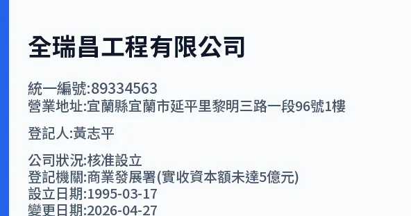 全瑞昌工程有限公司的照片-統編 89334563(宜蘭縣) 公司登記資料與營業項目詳細圖表