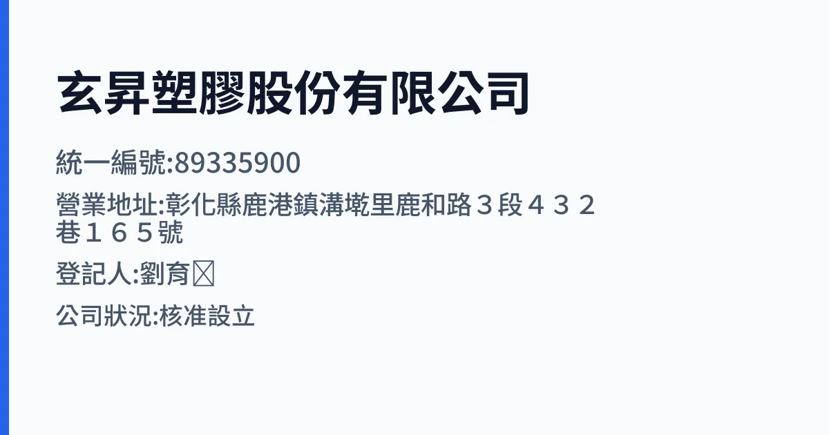 玄昇塑膠股份有限公司 - 統編 89335900(彰化縣) 公司登記資料與營業項目詳細圖表
