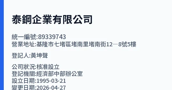 泰鋼企業有限公司的照片-統編 89339743(基隆市) 公司登記資料與營業項目詳細圖表