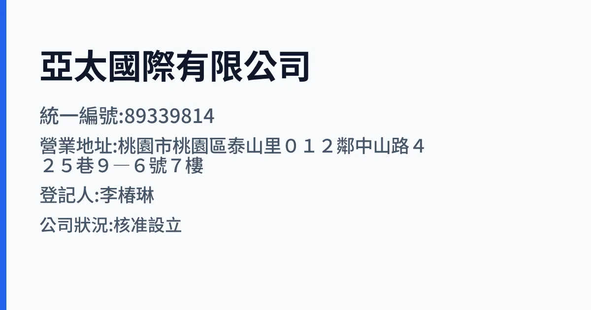 亞太國際有限公司 - 統編 89339814(桃園市) 公司登記資料與營業項目詳細圖表
