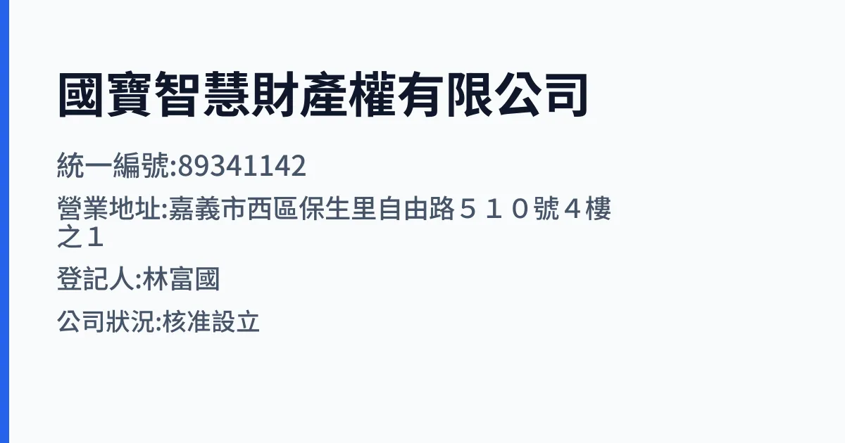 國寶智慧財產權有限公司 - 統編 89341142(嘉義市) 公司登記資料與營業項目詳細圖表