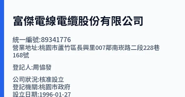 富傑電線電纜股份有限公司的照片-統編 89341776(桃園市) 公司登記資料與營業項目詳細圖表