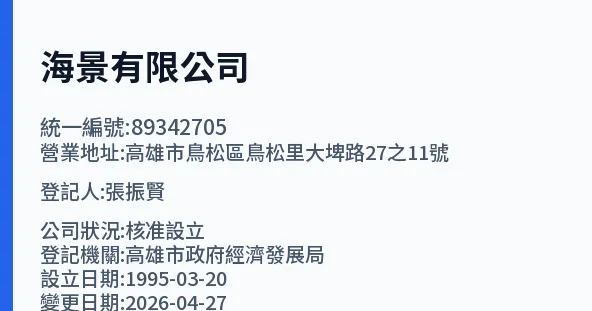 海景有限公司的照片-統編 89342705(高雄市) 公司登記資料與營業項目詳細圖表
