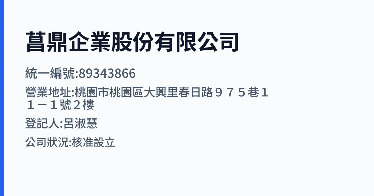 菖鼎企業股份有限公司 - 統編 89343866(桃園市) 公司登記資料與營業項目詳細圖表
