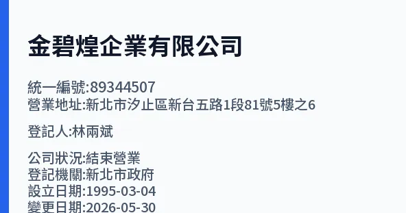 金碧煌企業有限公司的照片-統編 89344507(新北市) 公司登記資料與營業項目詳細圖表
