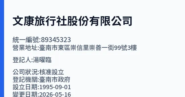 文康旅行社股份有限公司的照片-統編 89345323(臺南市) 公司登記資料與營業項目詳細圖表