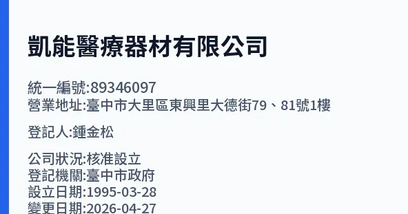 凱能醫療器材有限公司的照片-統編 89346097(臺中市) 公司登記資料與營業項目詳細圖表
