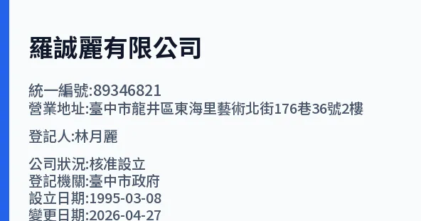 羅誠麗有限公司的照片-統編 89346821(臺中市) 公司登記資料與營業項目詳細圖表