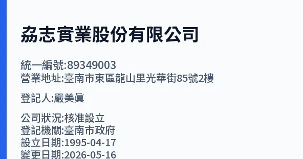劦志實業股份有限公司的照片-統編 89349003(臺南市) 公司登記資料與營業項目詳細圖表