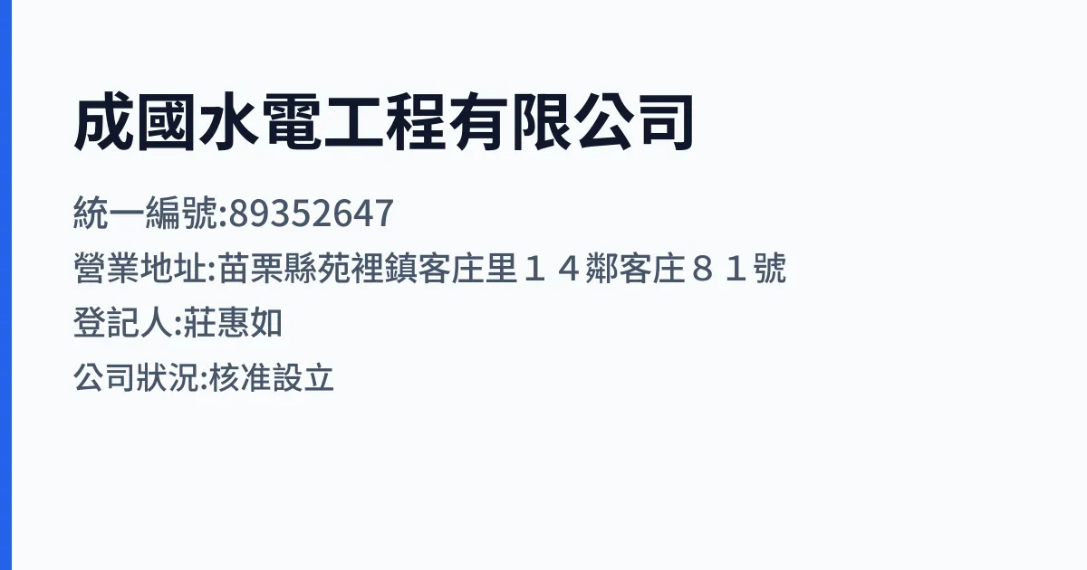 成國水電工程有限公司 - 統編 89352647(苗栗縣) 公司登記資料與營業項目詳細圖表