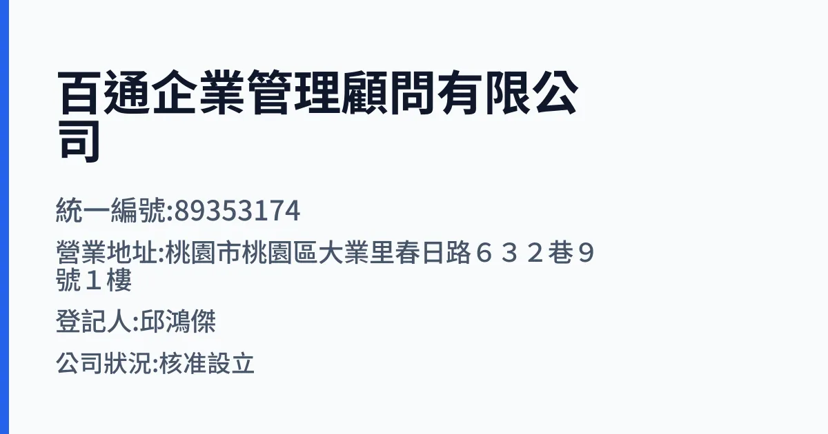 百通企業管理顧問有限公司 - 統編 89353174(桃園市) 公司登記資料與營業項目詳細圖表