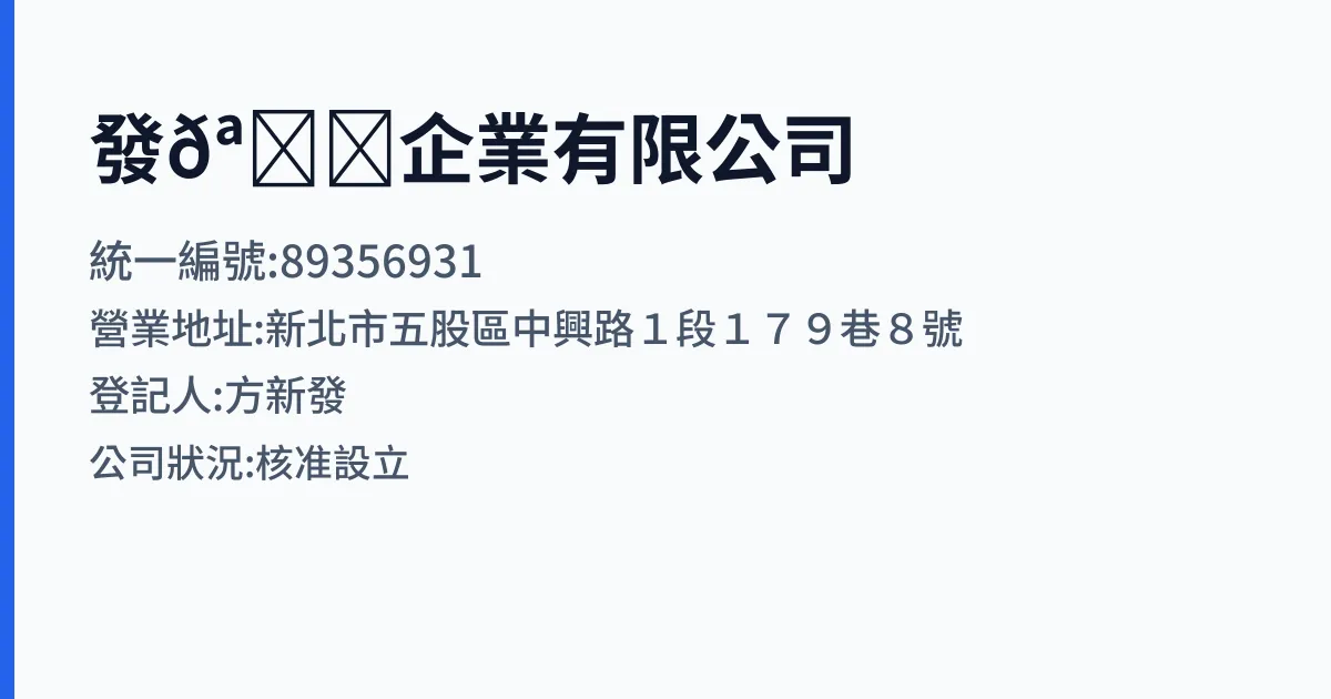 發𪝞企業有限公司 - 統編 89356931(新北市) 公司登記資料與營業項目詳細圖表