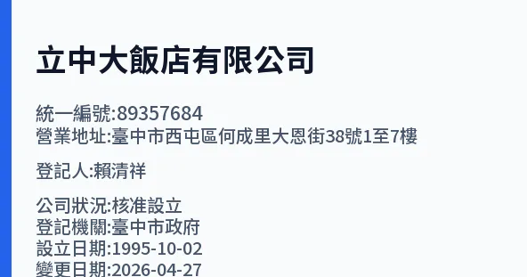 立中大飯店有限公司的照片-統編 89357684(臺中市) 公司登記資料與營業項目詳細圖表