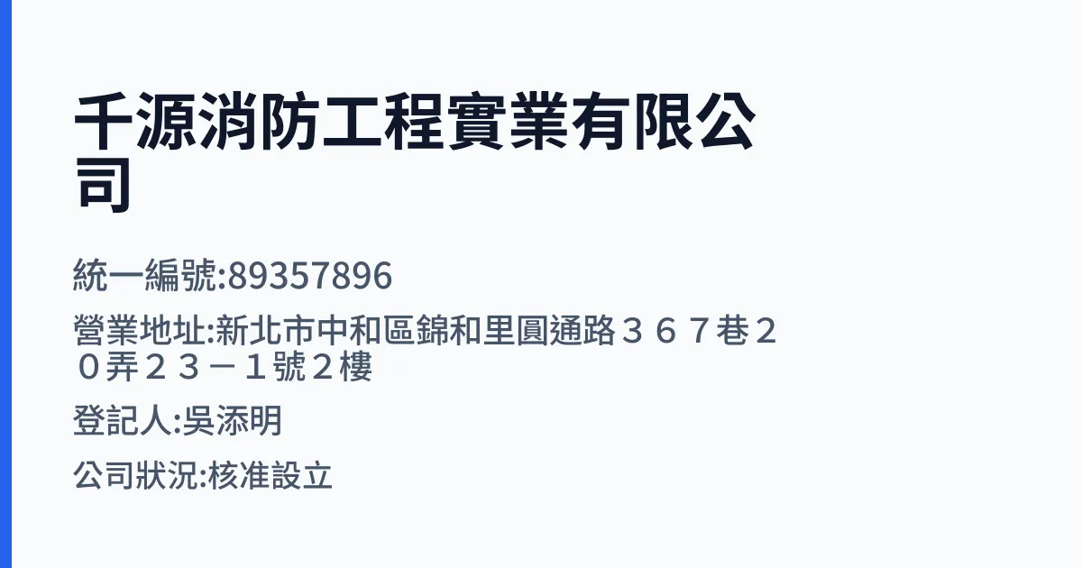 千源消防工程實業有限公司 - 統編 89357896(新北市) 公司登記資料與營業項目詳細圖表