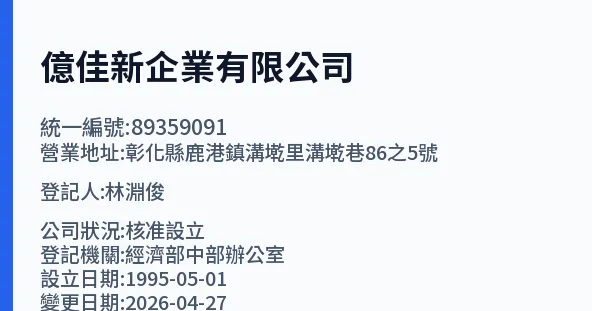 億佳新企業有限公司的照片-統編 89359091(彰化縣) 公司登記資料與營業項目詳細圖表