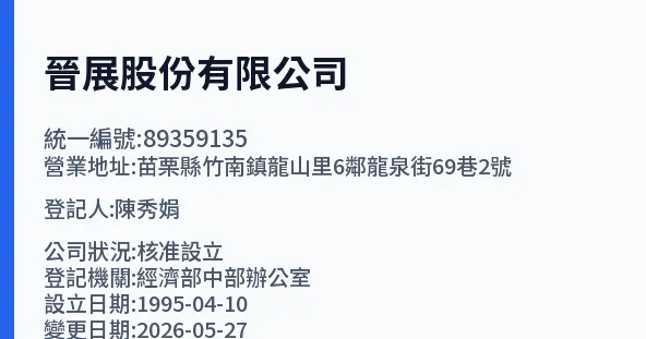 晉展股份有限公司的照片-統編 89359135(苗栗縣) 公司登記資料與營業項目詳細圖表