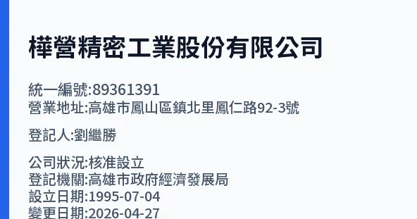 樺營精密工業股份有限公司的照片-統編 89361391(高雄市) 公司登記資料與營業項目詳細圖表