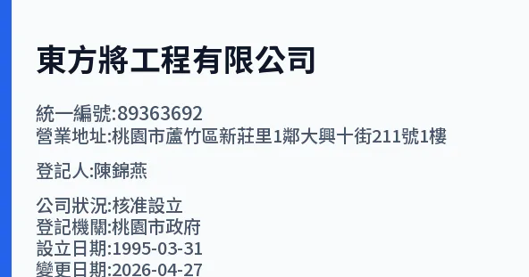 東方將工程有限公司的照片-統編 89363692(桃園市) 公司登記資料與營業項目詳細圖表